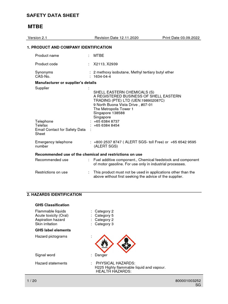 Mtbe MSDS | PDF | Toxicity | Hygiene
