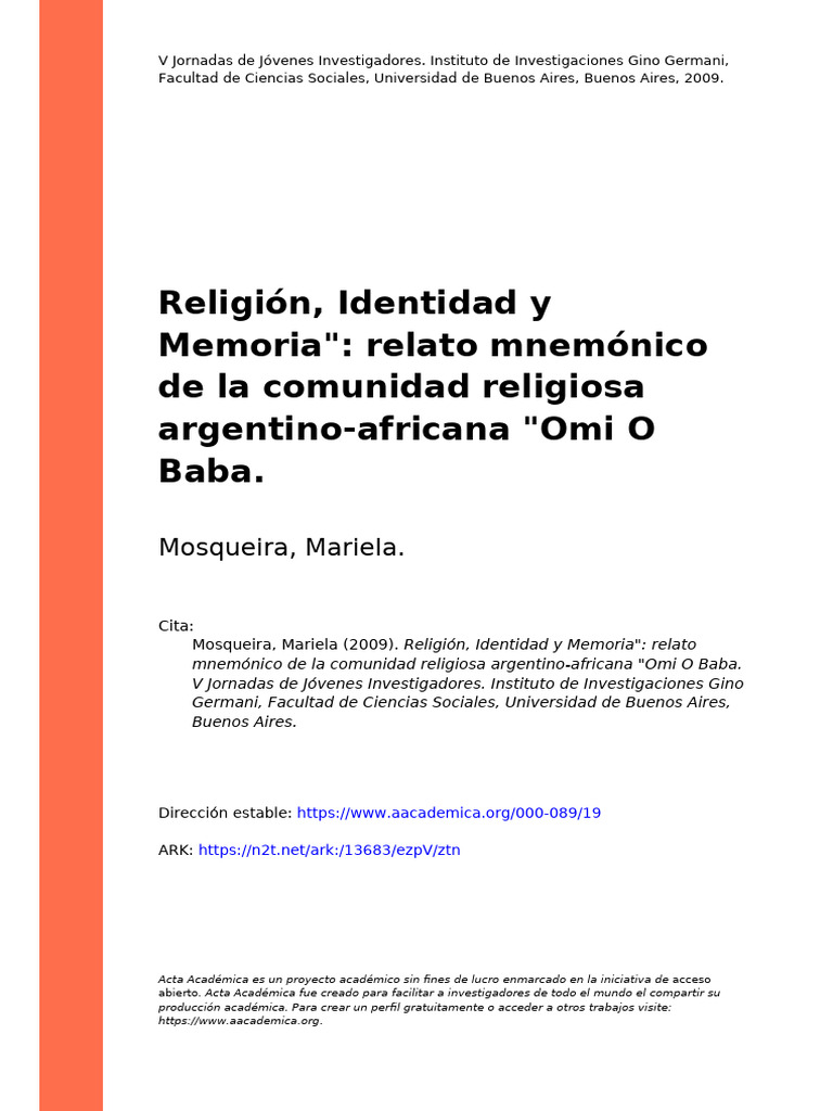 Mosqueira, Mariela (2009) - Religión, Identidad y Memoria Relato ...