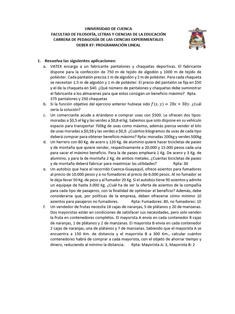 Deber #7 - Programación Lineal | PDF