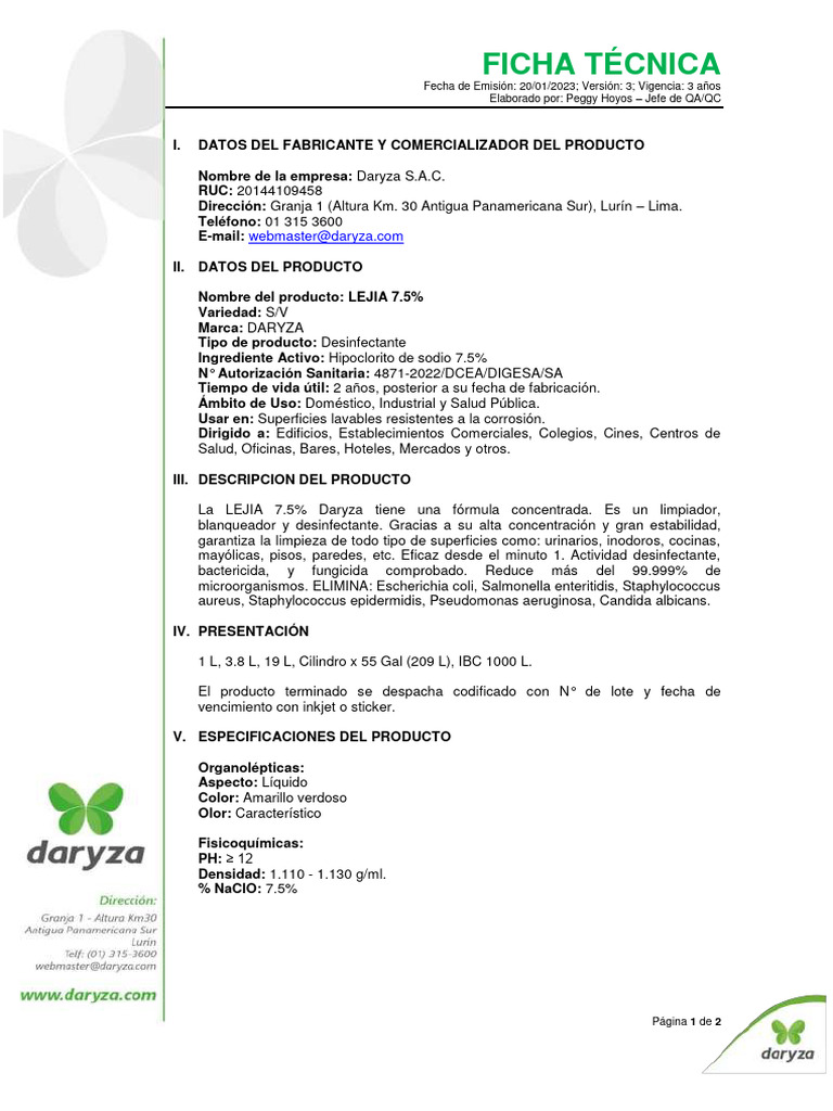 Ficha Técnica Lejía 7.5% Daryza | PDF | Blanqueador