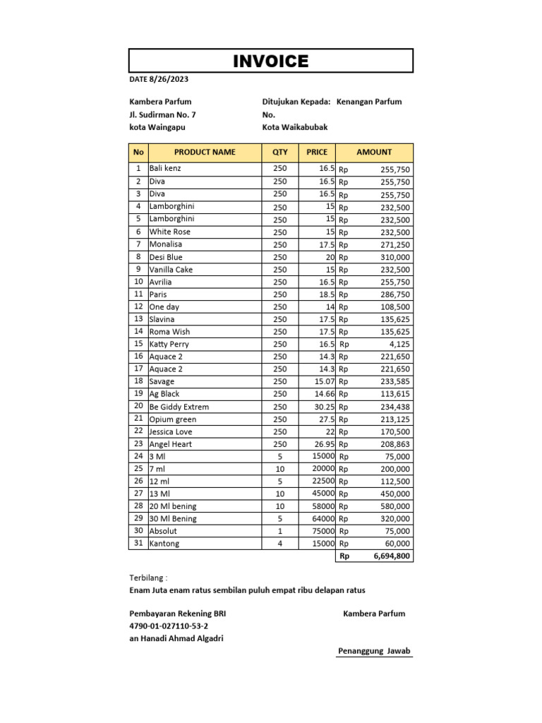 Invoice Penjualan Parfum Kambera | PDF
