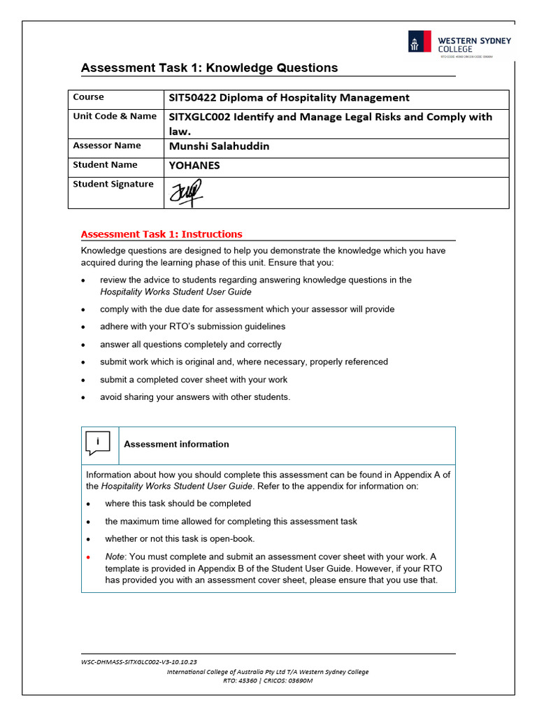 Assessment-Task-1 SITXGLC002 | PDF | Occupational Safety And Health ...