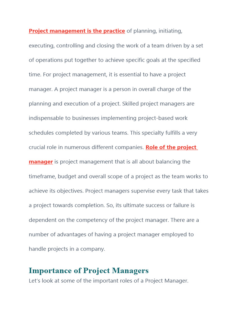 Importance of Project Managers Explained | PDF | Project Management ...