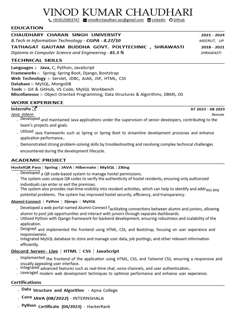 Vinod Chaud Hari Resume | PDF | Java (Programming Language) | My Sql