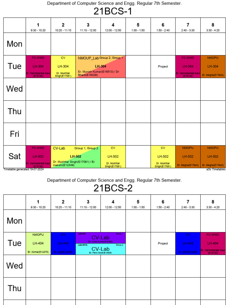 7th Semester CSE Timetable | PDF