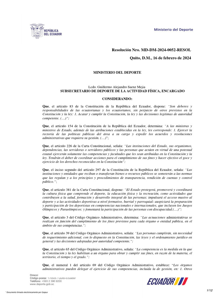 Resolucion Nro. MD DM 2024 0052 Intervencion de La Federacion Deportiva ... Resolucion Nro. MD DM 2024 0052 Intervencion de La Federacion Deportiva ...