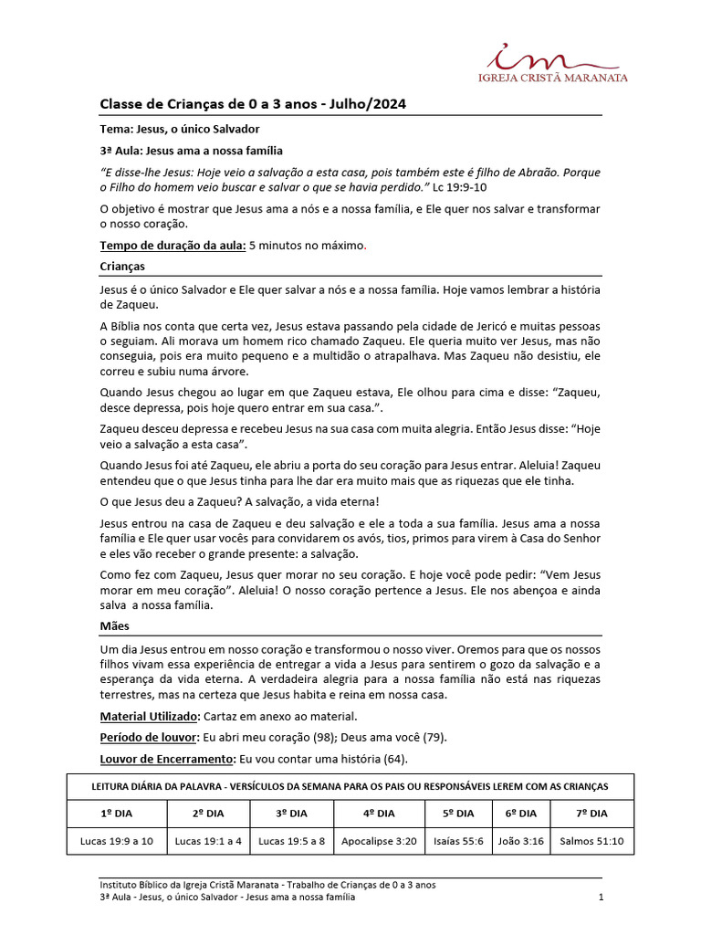 3a Aula - 0 A 3 Anos - Jesus e o Unico Salvador - Jesus Ama A Nossa ...
