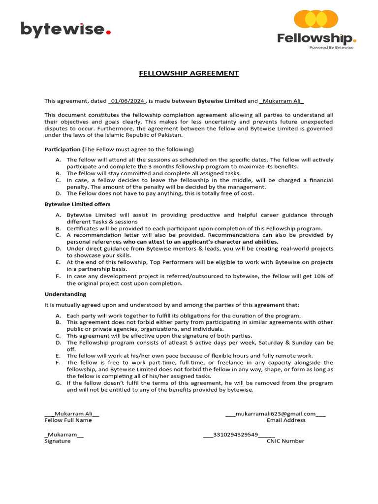 Bytewise Limited Fellowship Completion Agreement | PDF | Business
