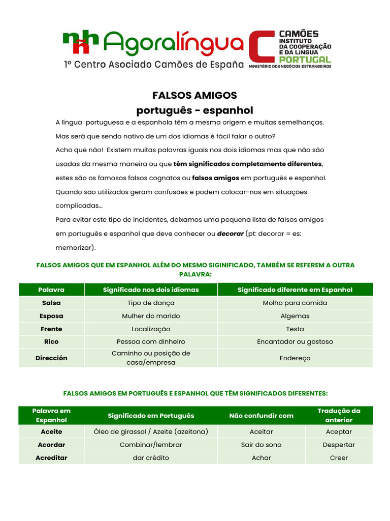 Falsos Amigos: Português e Espanhol | PDF | Português (idioma ...