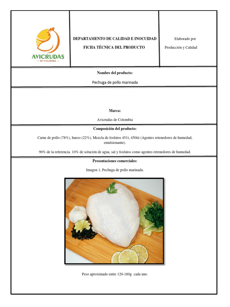 Ficha técnica Pechuga marinada. | PDF | Industria de alimentos | Ciencia de los Alimentos