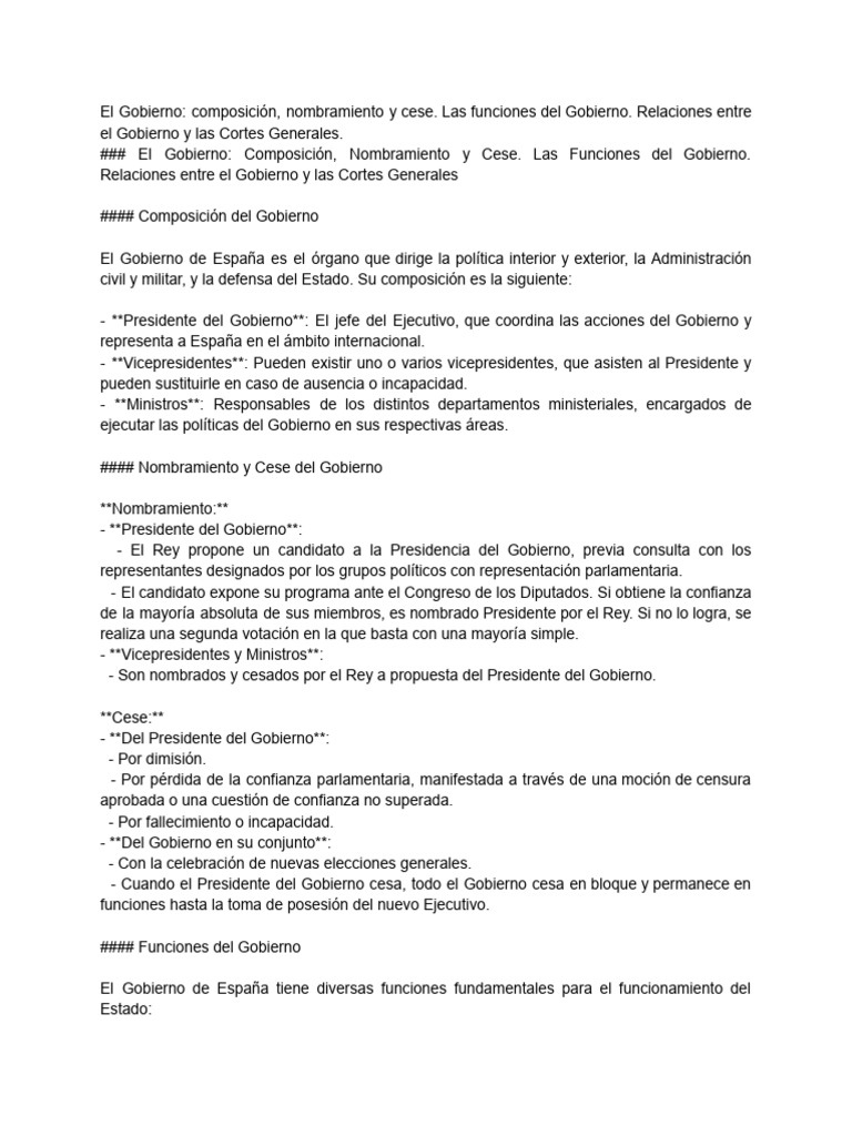 Composición y Funciones del Gobierno Español | PDF | Gobierno de españa ...