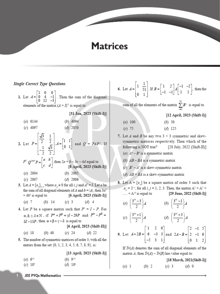 Matrices - PYQ Practice Sheet | PDF | Matrix (Mathematics) | Functions And Mappings