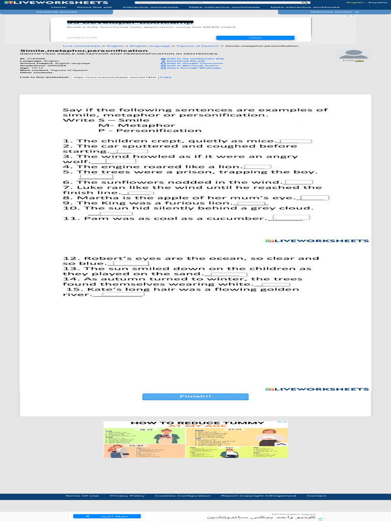 Simile, Metaphor, Personification Worksheet | PDF | Language Arts ...