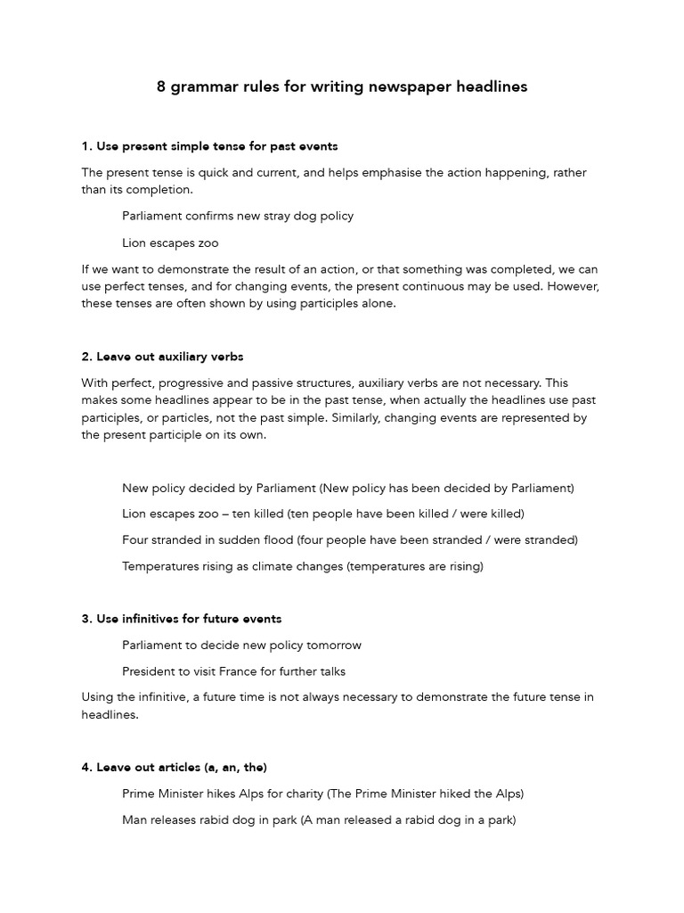 Headline Writing: 8 Essential Rules | PDF | Grammatical Tense | Languages