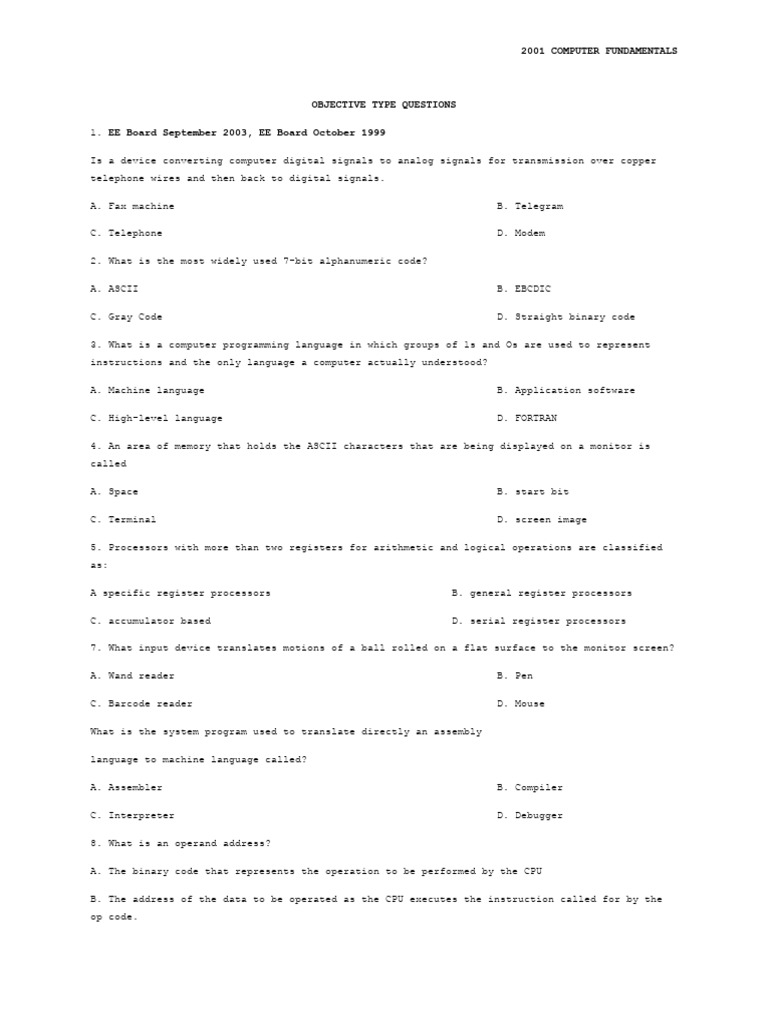 Computer Fundamentals Objective Type Questions 1 25 Pdf Computer Data Storage Programming