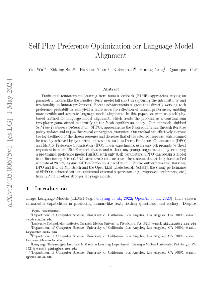 Self-Play Preference Optimization For Language Model Alignment | PDF | Mathematical Optimization ...