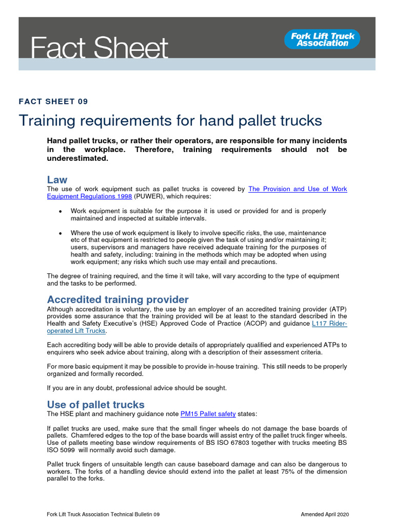 FS9 Training Requirements For Hand Pallet Trucks Vapril 2020 | PDF ...