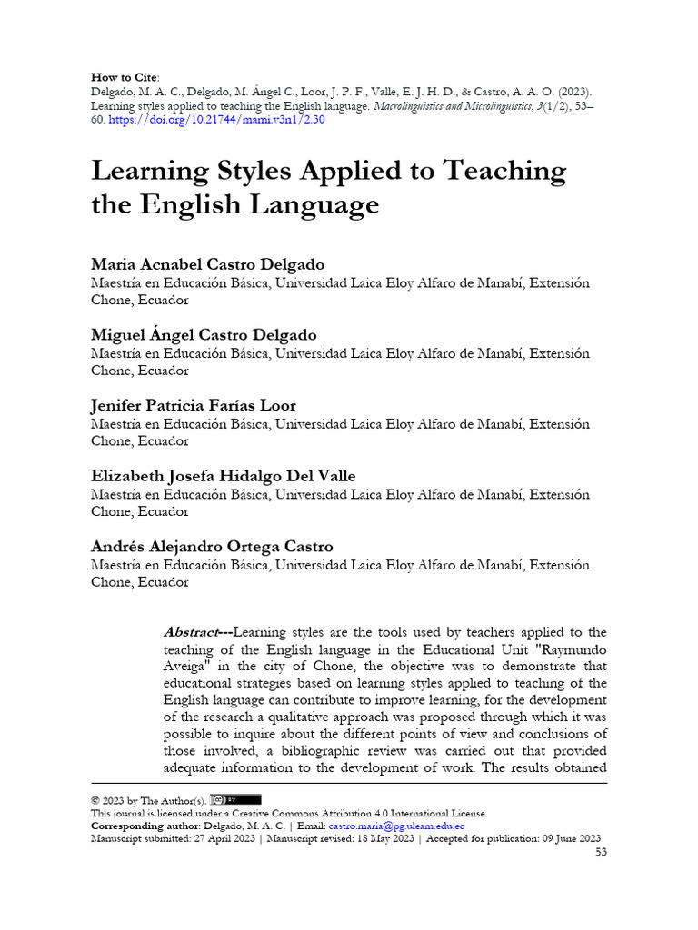 Learning Styles Applied To Teaching The English Language: Maria Acnabel ...