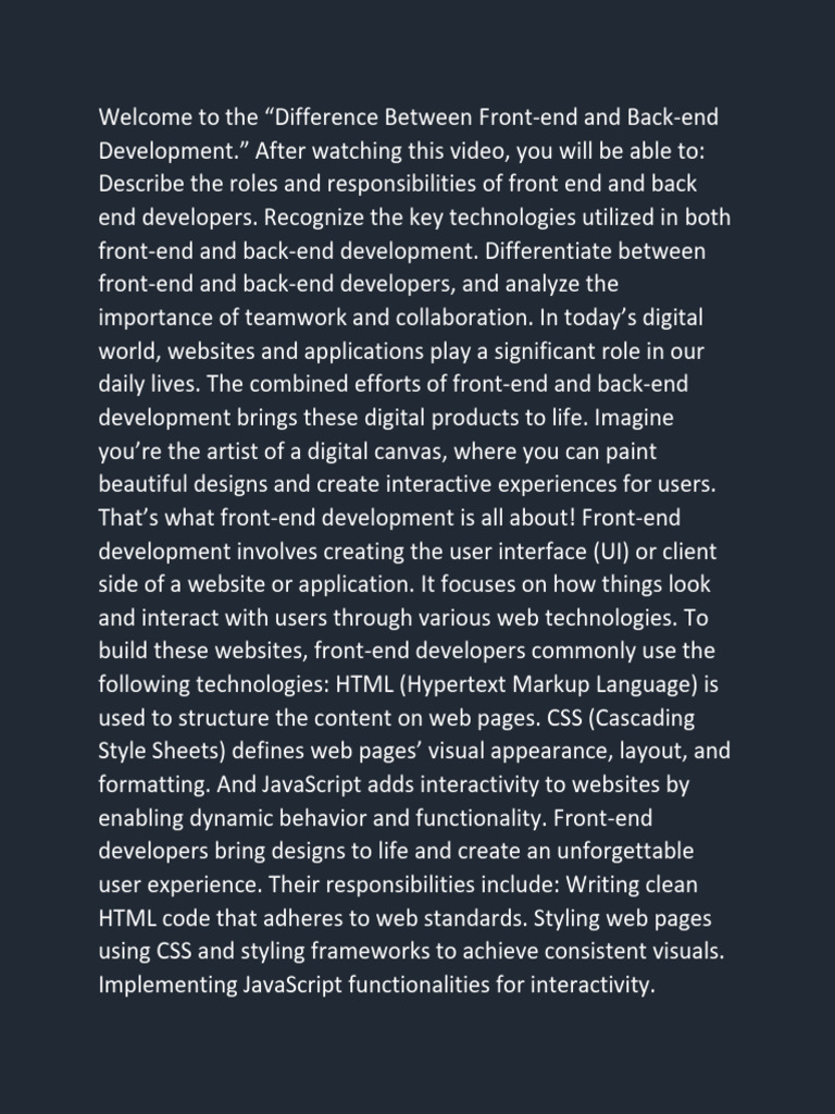 Difference Between Front-End and Back-End Development | PDF | Websites ...