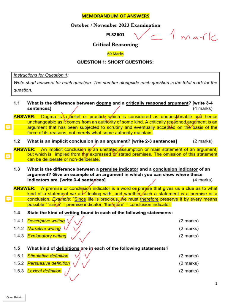 PLS2601 Exam Answers: Critical Reasoning | PDF | Argument | Fallacy