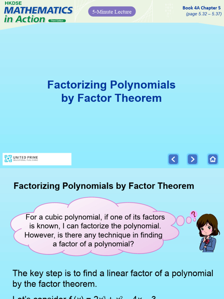 Factorizing Polynomials by Factor Theorem: 5-Minute Lecture | PDF | Polynomial | Quadratic Equation