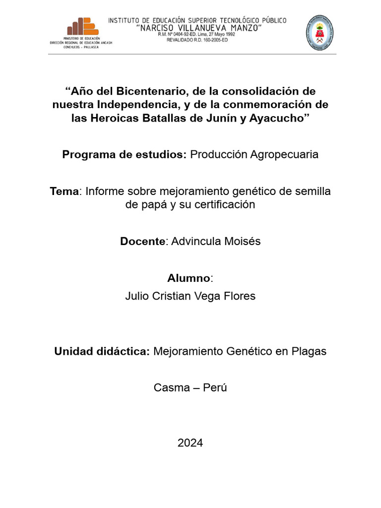 Informe Sobre Mejoramiento Genético de Semilla de Papá y Su Certificación | PDF | Patata | Cultivar