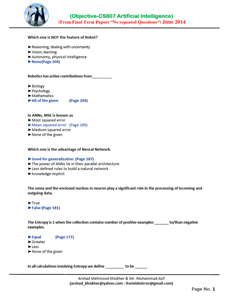 CS607 FinalTerm - MCQs - Byarshad and Asif | PDF | Fuzzy Logic | Artificial Intelligence