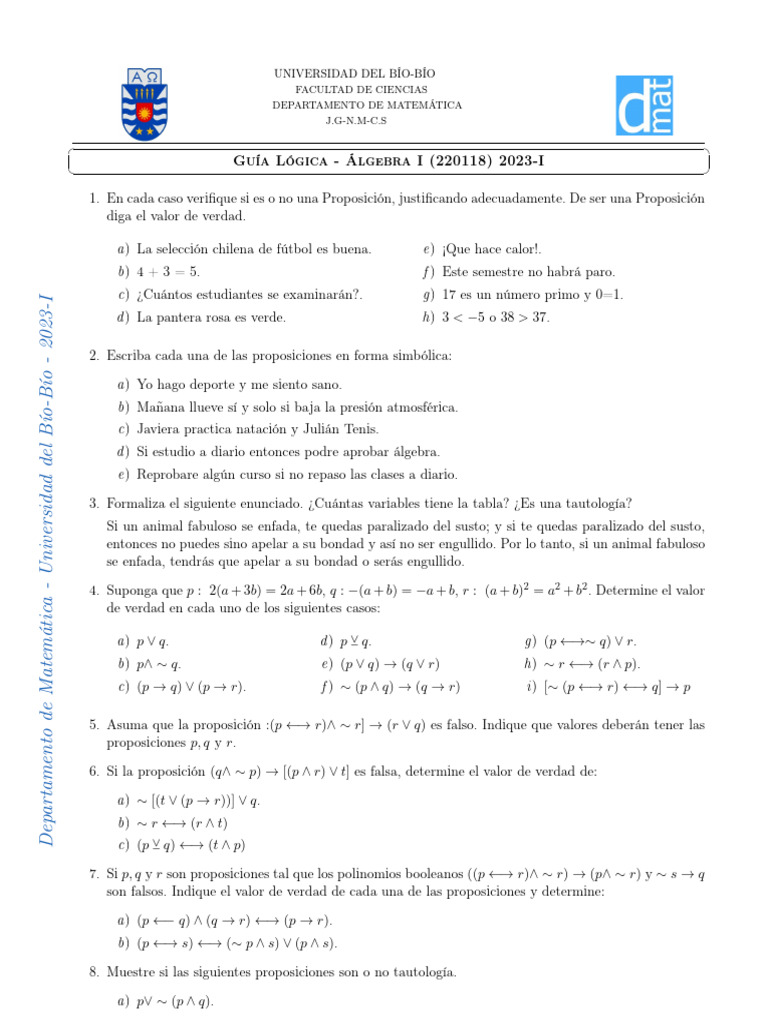 Guía de Lógica y Álgebra I | PDF | Proposición | Semántica
