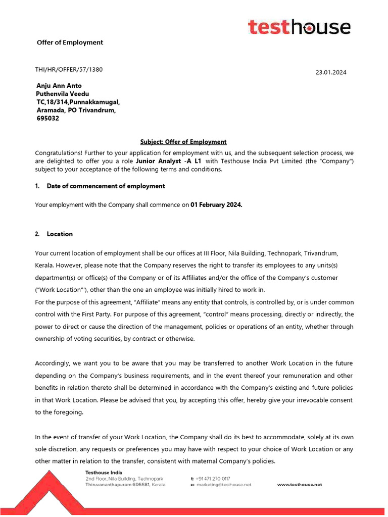 Annu Anto Offer Letter Original | Download Free PDF | Employment | Identity Document