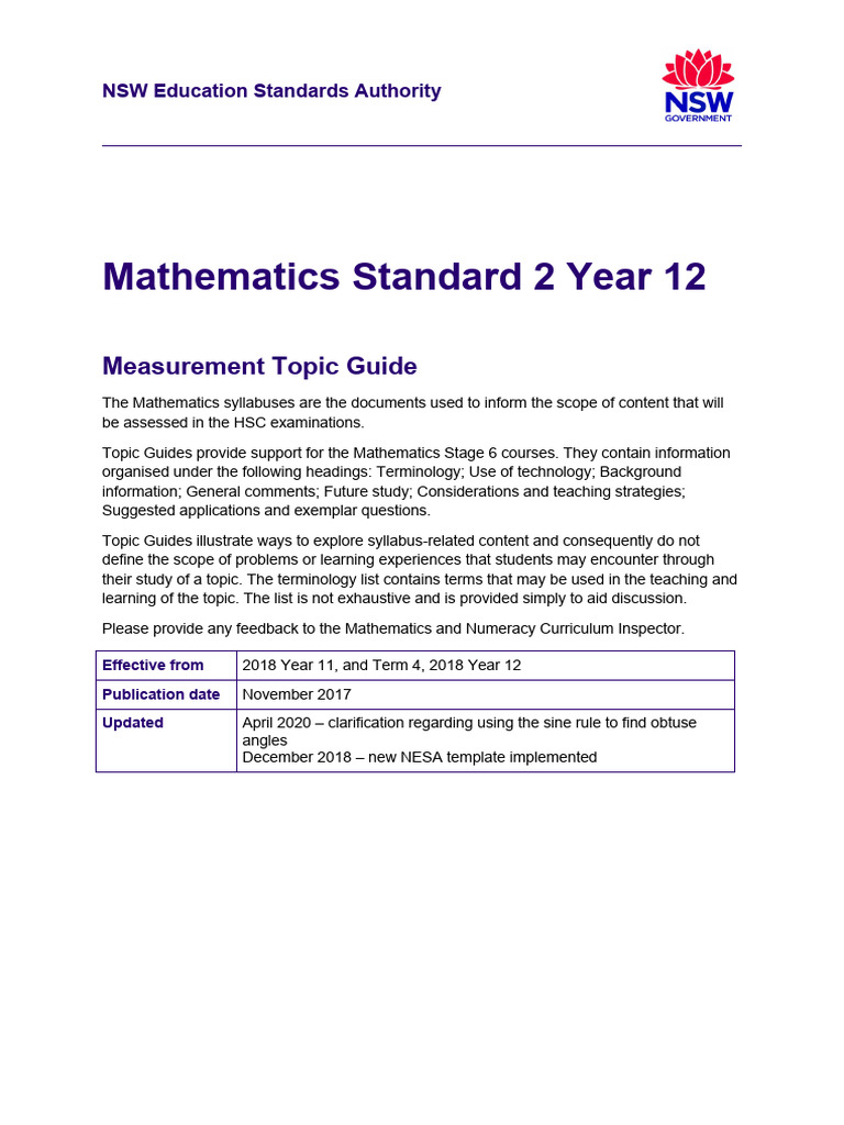 Mathematics Standard 2 Year 12 Topic Guide Measurement | PDF | Watt ...