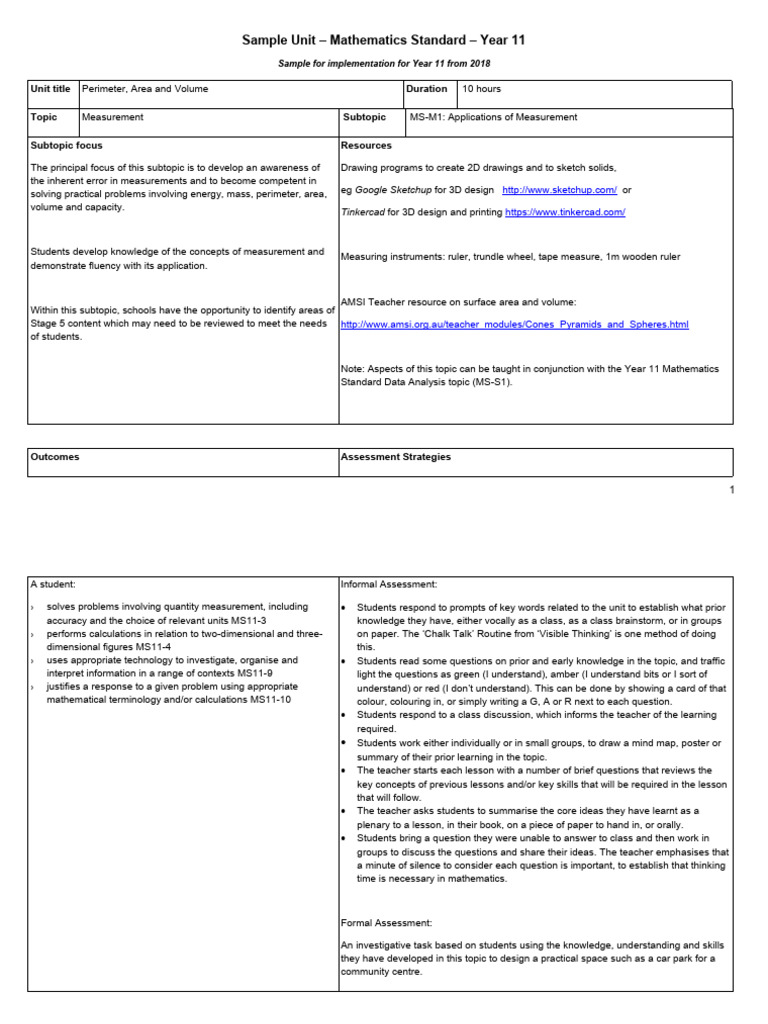 Stage 6 Support Material Mathematics Standard Y11 Unit Measurement ...