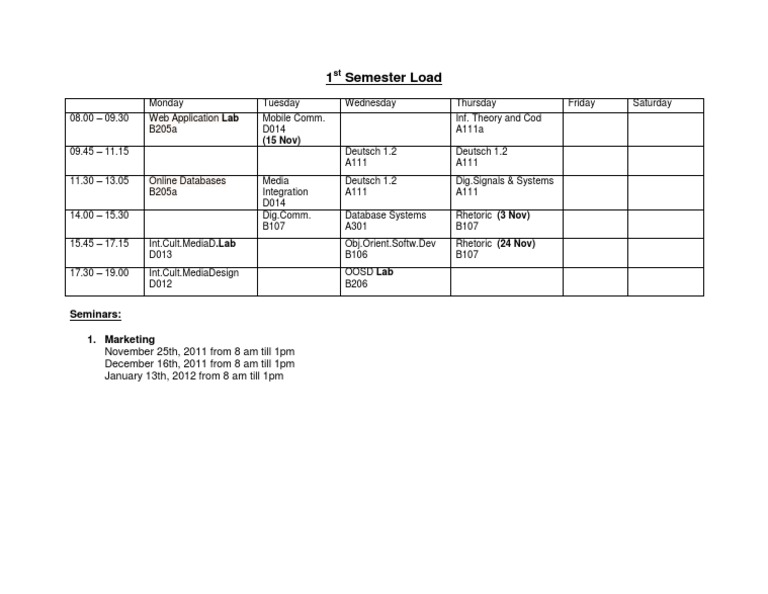 1st Semester Class Schedule Overview | PDF | Art | Computers