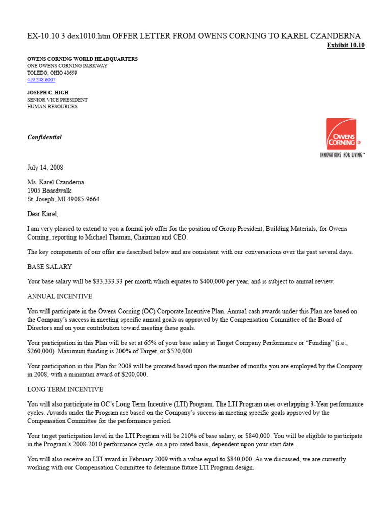 Owens Corning Job Offer to Karel Czanderna | PDF | Pension | Executive ...