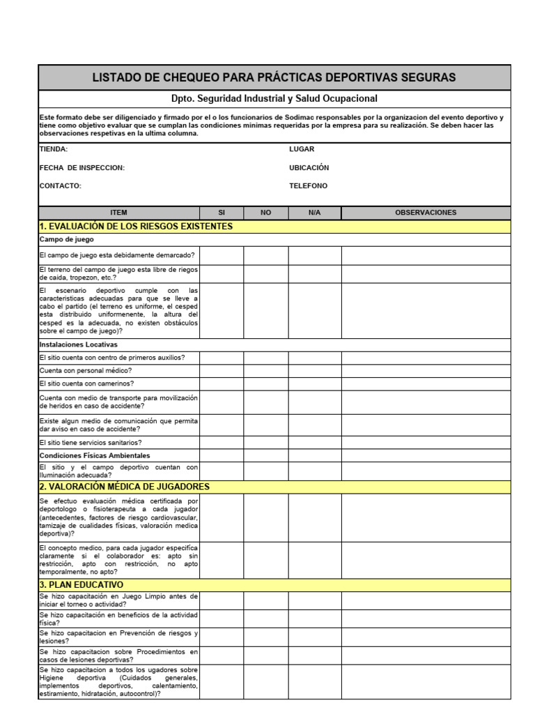 Lista de chequeo para Actividades Deportivas | PDF | Seguridad y salud ocupacional