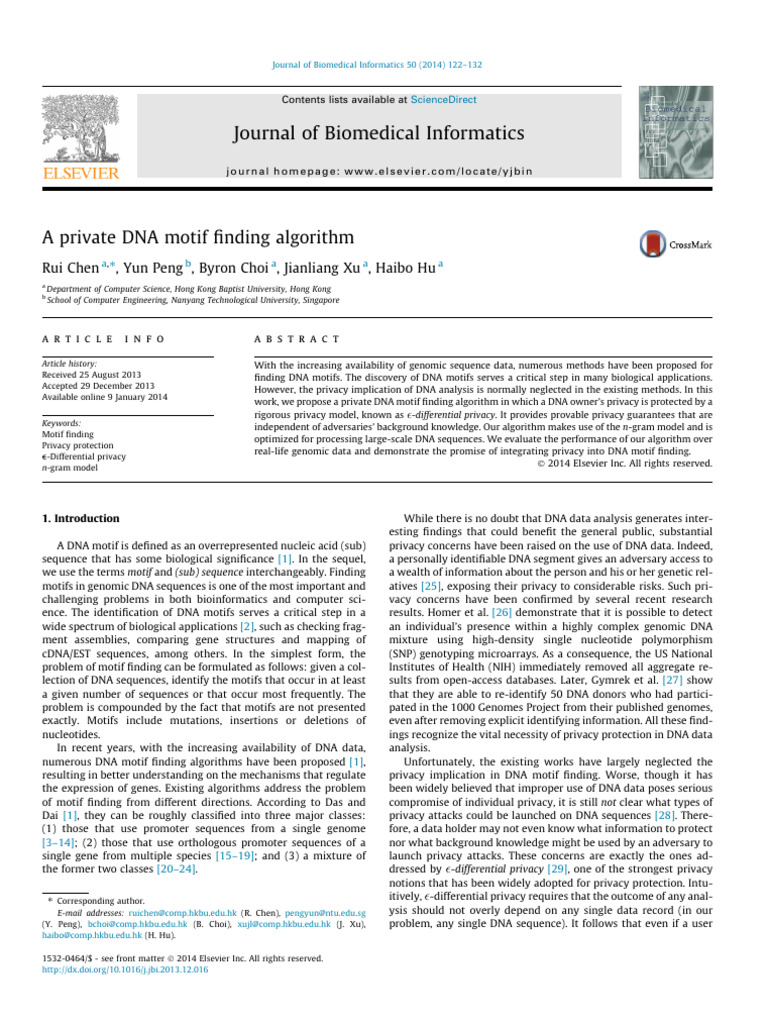 A Private DNA Motif Finding Algorithm - 2014 - Journal of Biomedical ... A Private DNA Motif Finding Algorithm - 2014 - Journal of Biomedical ...