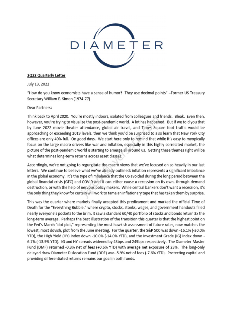 Diameter Capital Partners - Q2 2022 Letter | PDF | Bonds (Finance ...