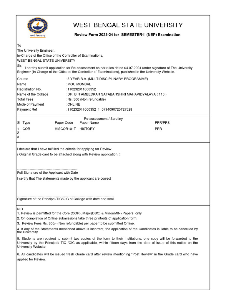 West Bengal State University: Review Form 2023-24 For SEMESTER-I (NEP ...