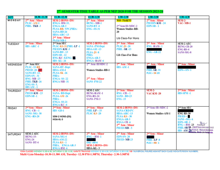 2nd Sem Time Table Nep 2023 24 Compressed | PDF