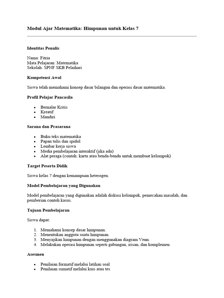Modul Ajar Matematika Kelas 7 Himpunan | PDF