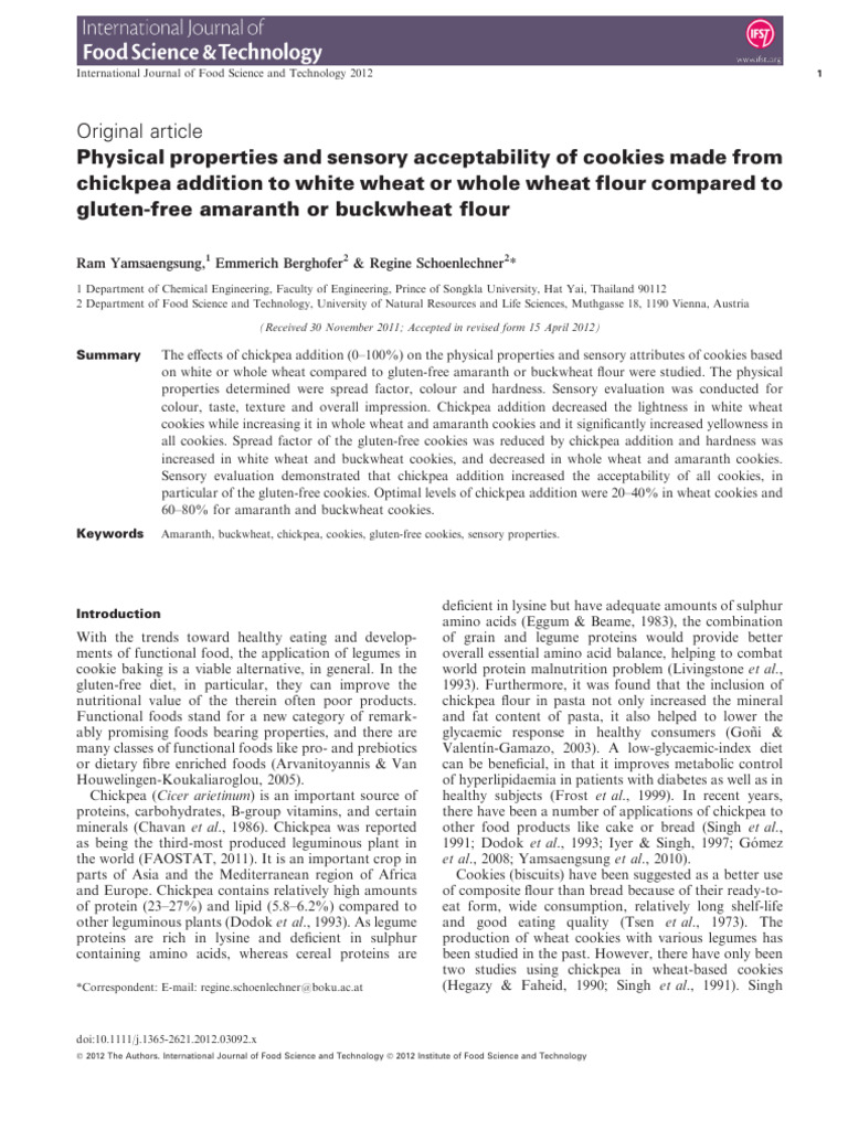Physical Properties and Sensory Acceptability of Cookies Made From Chickpea Addition To White ...