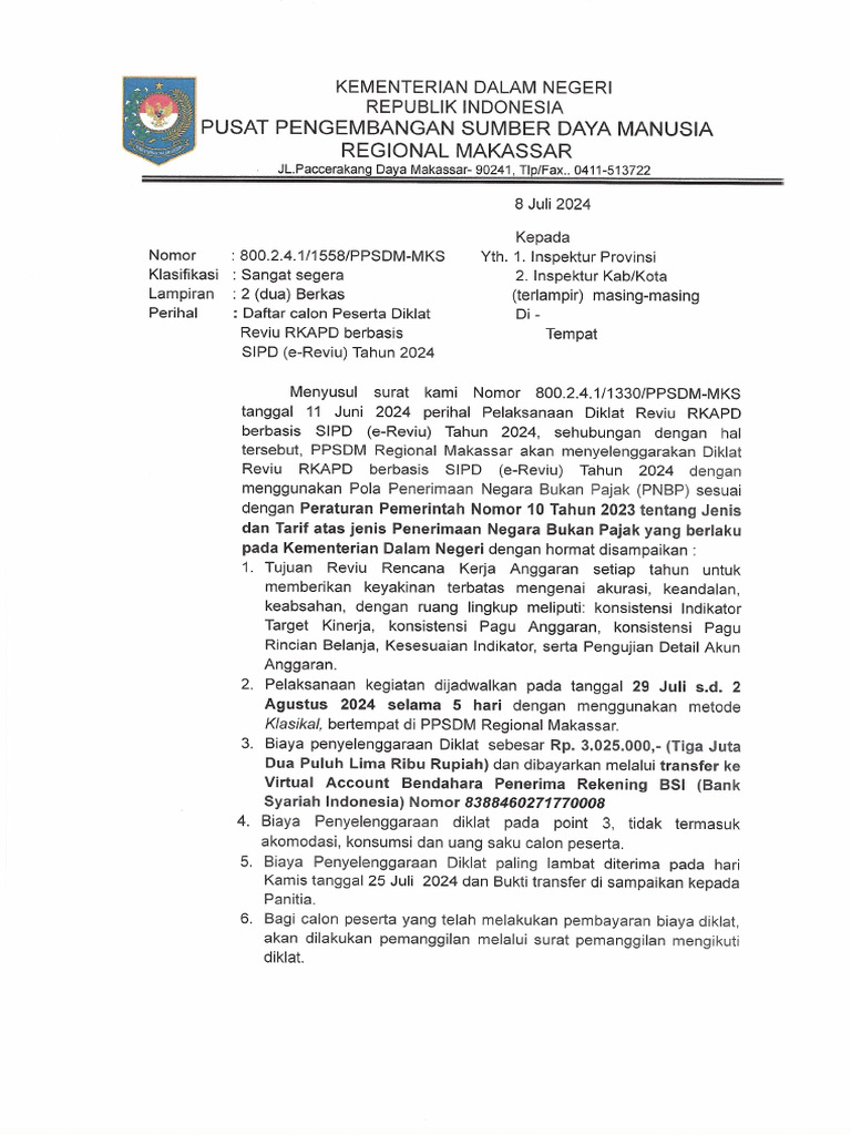 Surat Penetapan Calon Peserta Diklat RKAPD 2024 | PDF