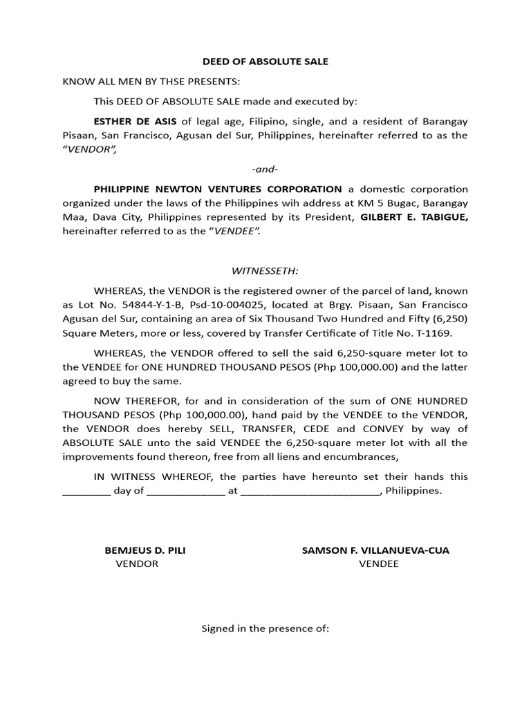 DEED OF ABSOLUTE SALE PNVC | PDF | Private Law | Common Law