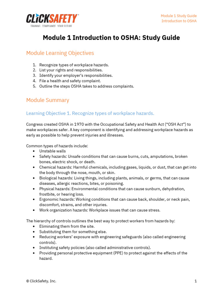 OSHA 10 Construction - Module 1 - Study Guide | PDF | Occupational Safety And Health ...