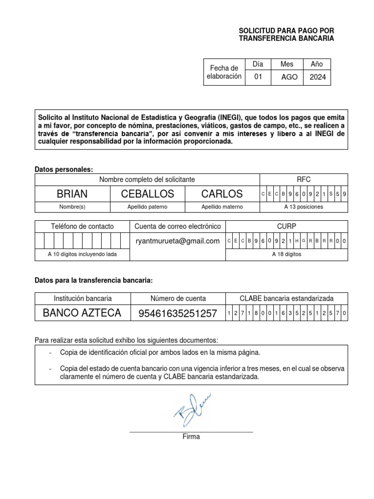 Solicitud para Pago Por Transferencia Bancaria | PDF