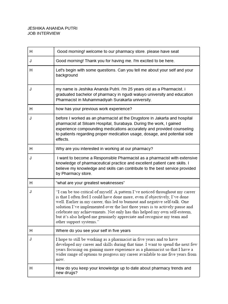 JESHIKA ANANDA PUTRI - MOC JOB Interview Conversation | PDF | Pharmacy | Pharmacist