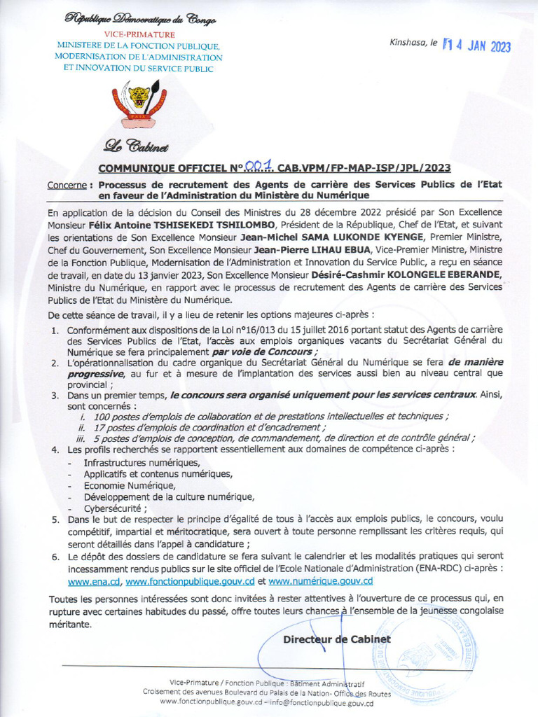 Communique Officiel 001 Recrutement Du Ministere Du Numerique | PDF