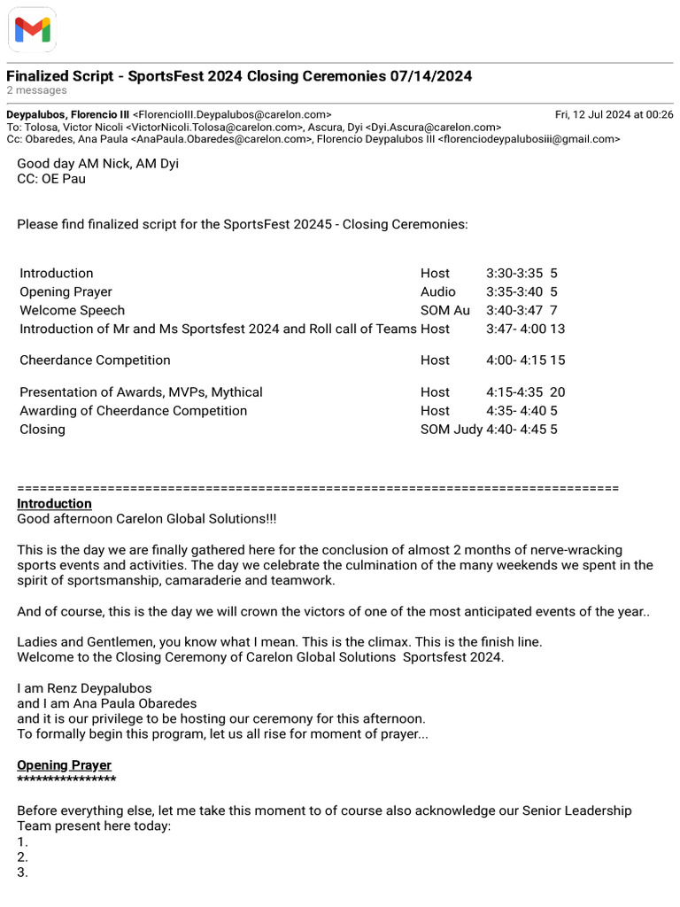 Gmail - Finalized Script - SportsFest 2024 Closing Ceremonies 07 - 14 - 2024 | PDF