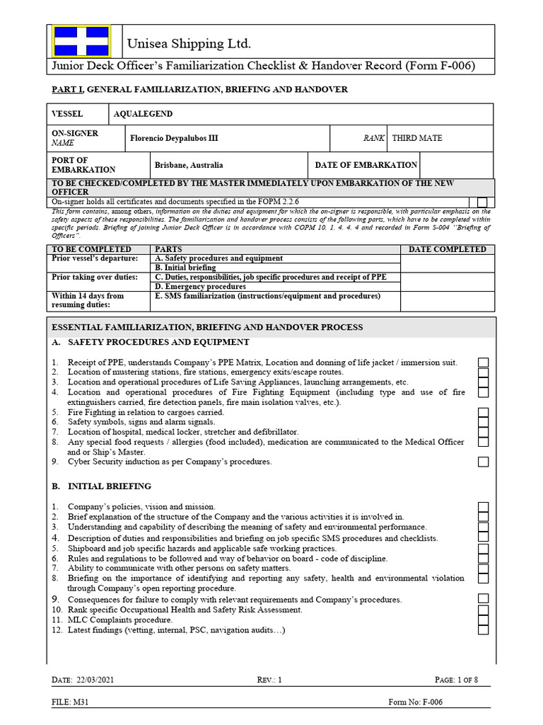 3O Mariot F-006 - Junior Deck Officer's Familiarization Checklist & Handover Record | PDF | Pump ...