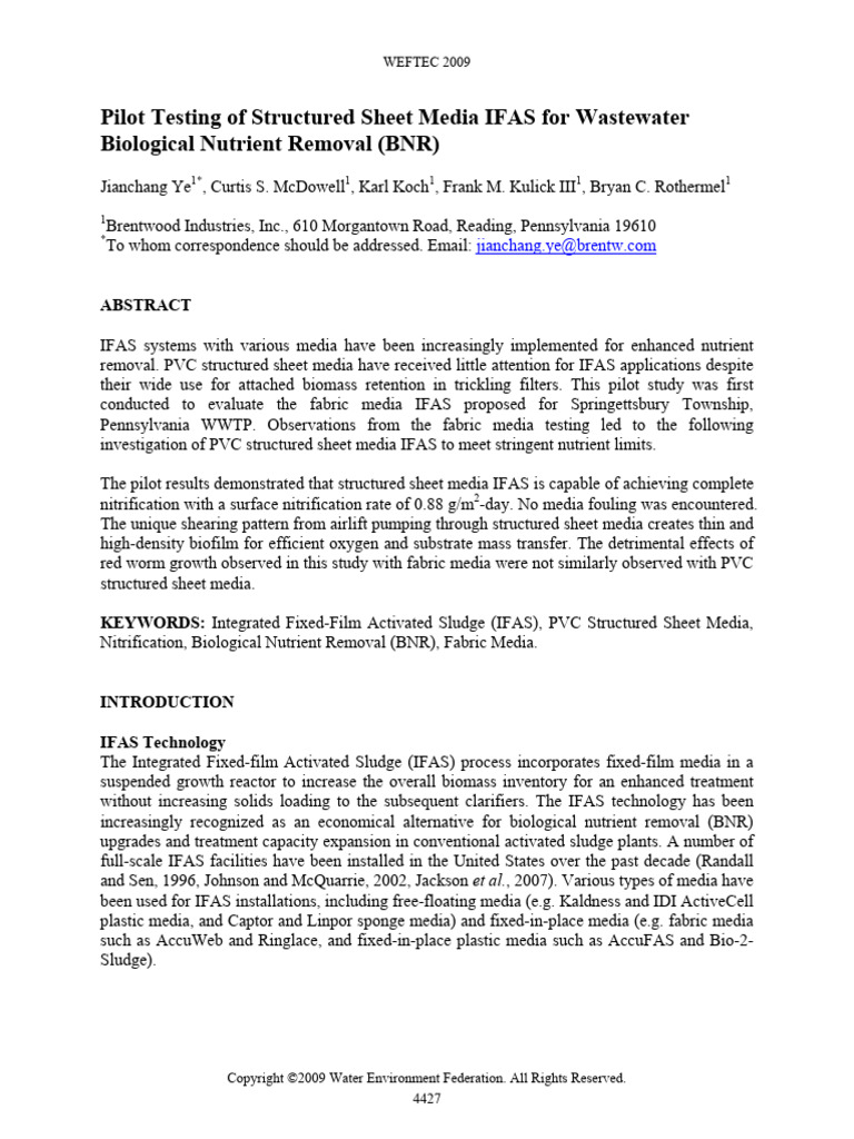 Pilot Testing of Structured Sheet Media IFAS For Wastewater | PDF ...