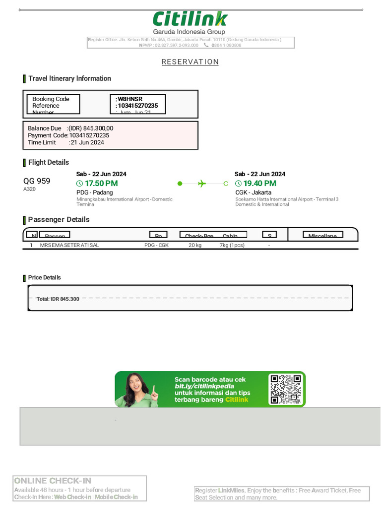 Eticket - PDG To CGK | PDF
